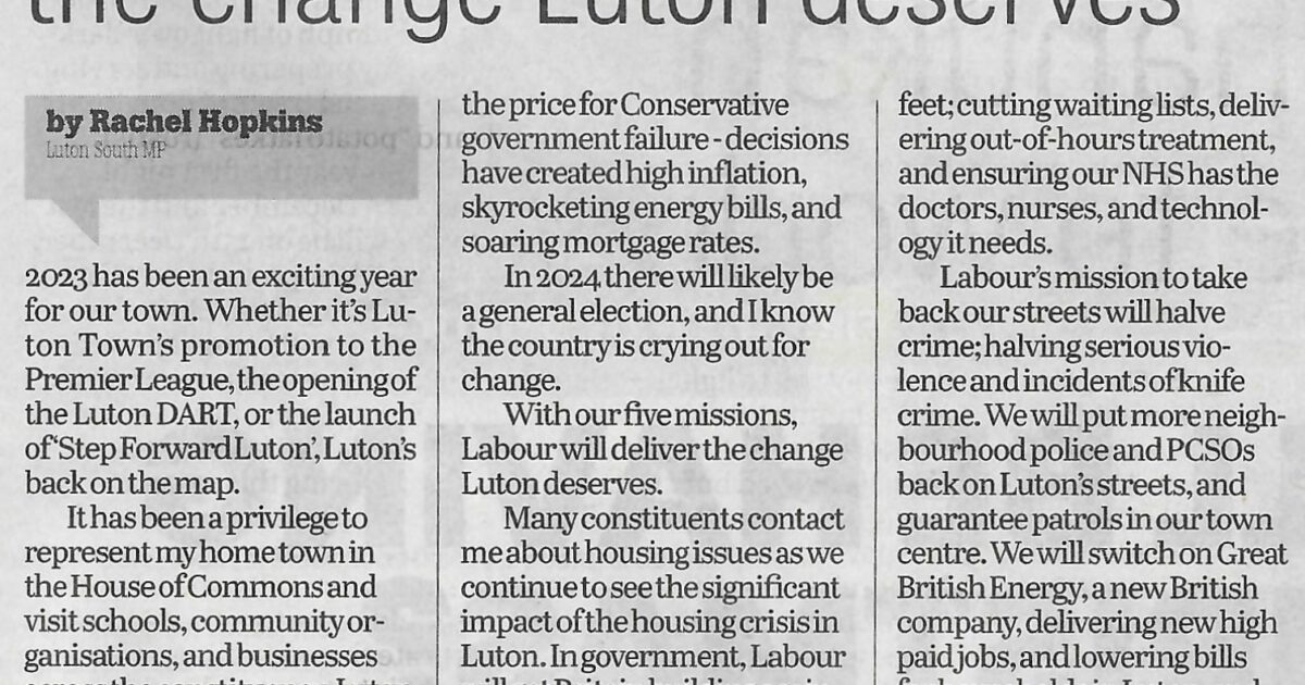 Labour is poised to deliver the change Luton deserves - Rachel Hopkins ...
